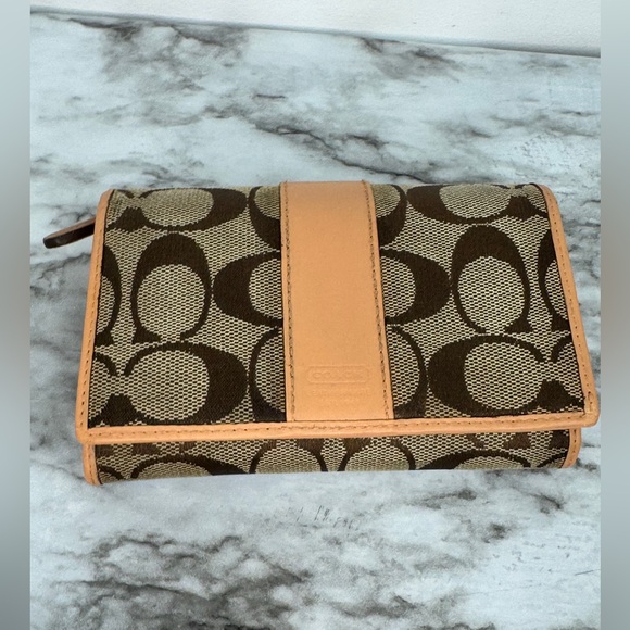 Coach | Bags | Coach Signature Canvas Leather Trim Brown Bifold Compact ...